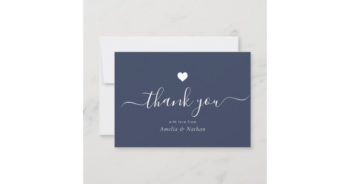 Elegant Black Modern Script Navy Blue Heart Thank You Card | Zazzle