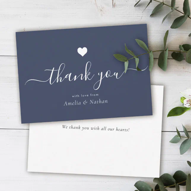 Elegant Black Modern Script Navy Blue Heart Thank You Card | Zazzle