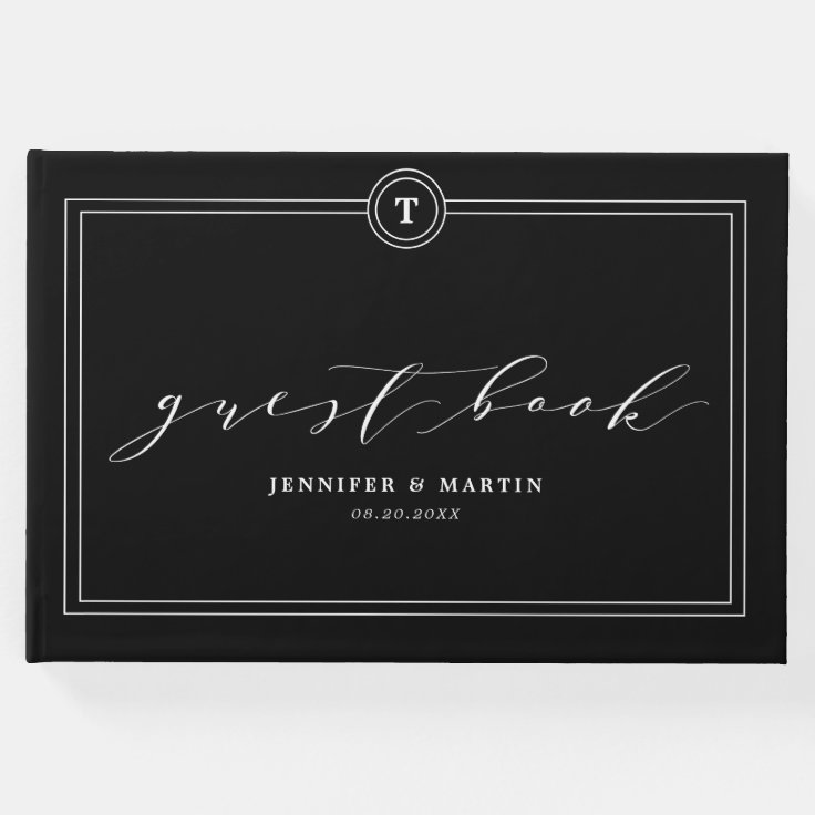 Elegant Black Monogram Calligraphy Wedding Guest Book | Zazzle