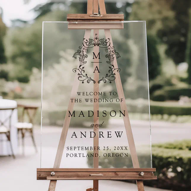 Elegant Black Monogram Crest Wedding Welcome Acrylic Sign | Zazzle