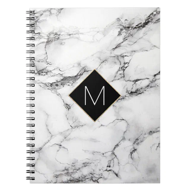 elegant black monogram on white marble texture notebook | Zazzle