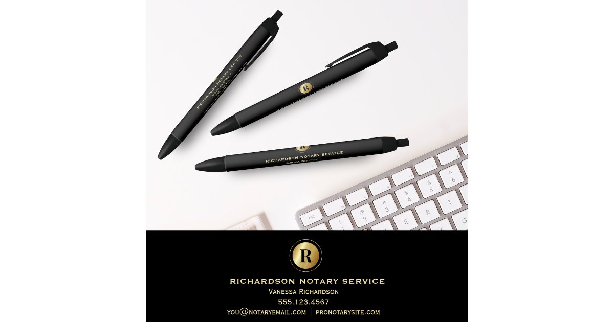 Elegant Black Notary Gold Monogram Promotional Pen | Zazzle