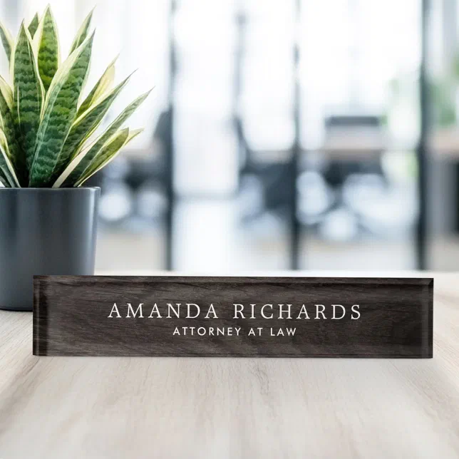 Elegant black oak wood grain look desk name plate | Zazzle