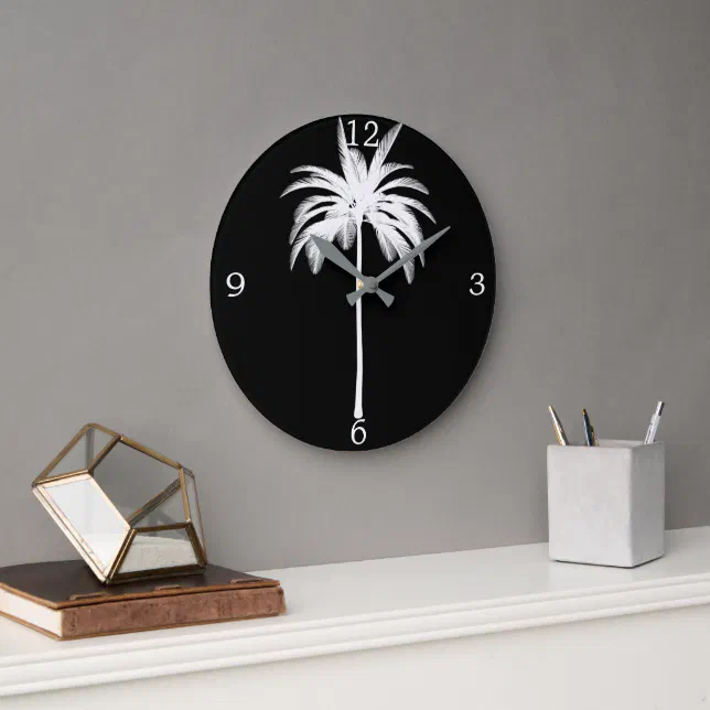 Elegant Black Palm Tree Vintage Tropical Large Clock | Zazzle