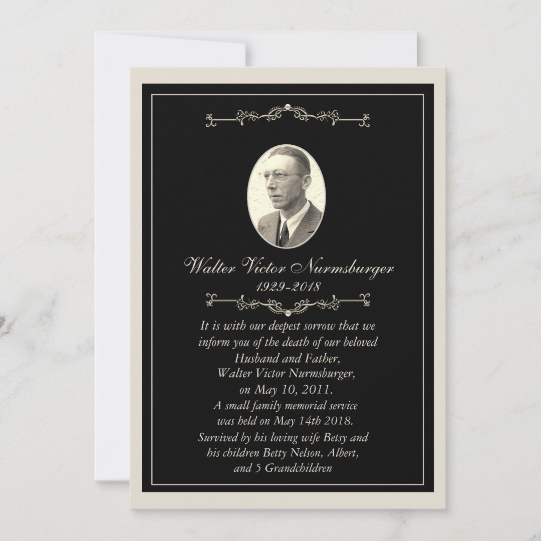 Elegant Black Photo Death Announcement Card | Zazzle