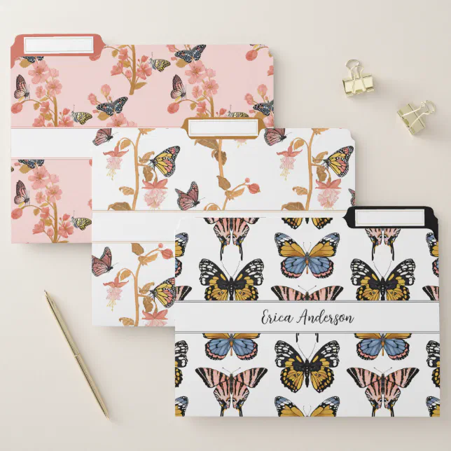 Elegant Black Pink and Gold Butterfly Pattern File Folder | Zazzle
