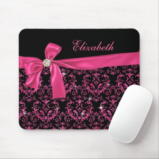 Elegant Black Pink Damask Diamond Bow Custom Mouse Pad | Zazzle