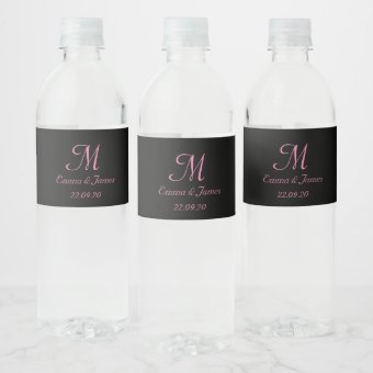 Elegant Black & Pink Monogram Wedding Water Bottle Label | Zazzle