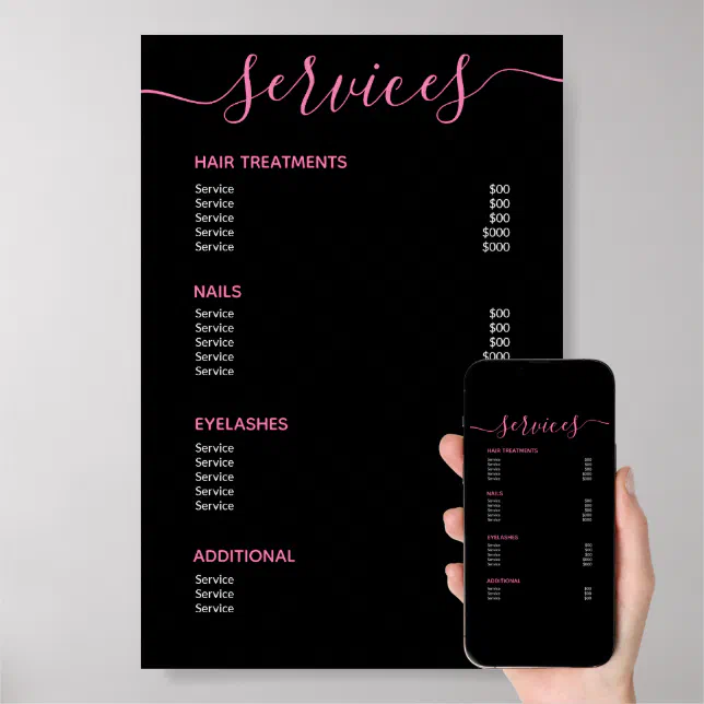 Elegant Black Pink Salon Price List Service Menu Poster | Zazzle