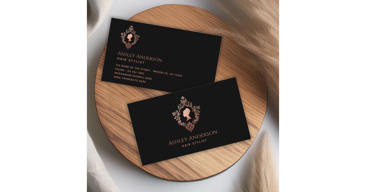 Elegant Black Pink Vintage Lady in Crest Rose Gold Business Card | Zazzle