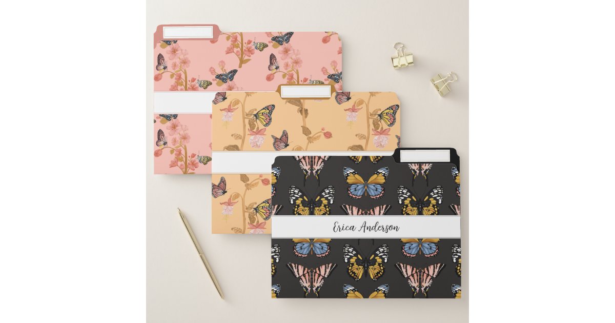Elegant Black Pink Yellow Butterfly Pattern File File Folder | Zazzle