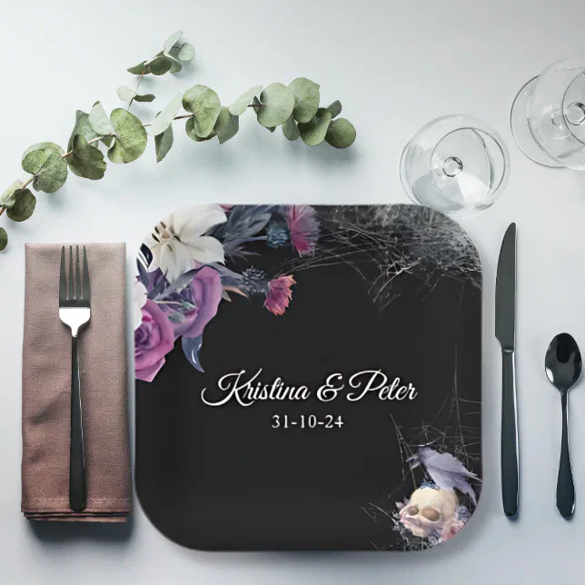 Elegant Black Purple Gothic Floral Skull Wedding Paper Plates | Zazzle