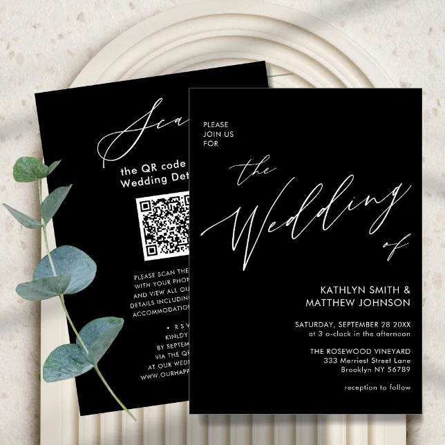 Elegant Black QR Code All In One Modern Wedding Invitation | Zazzle