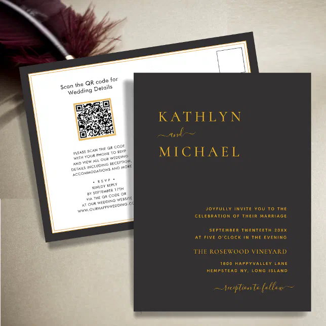 Elegant Black QR Code All In One Modern Wedding Invitation Postcard ...