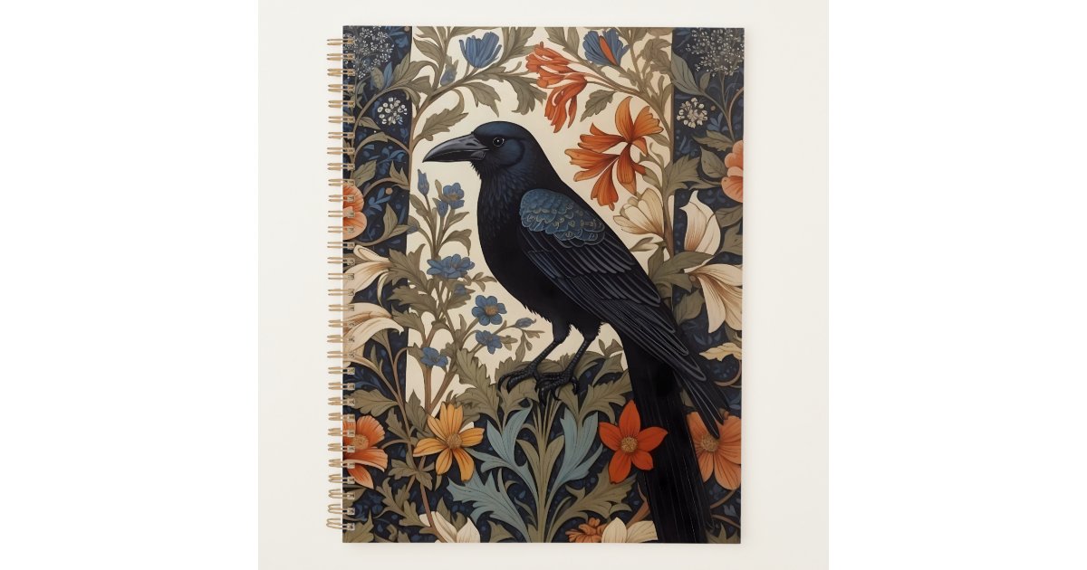 Elegant Black Raven William Morris Inspired Floral Planner | Zazzle