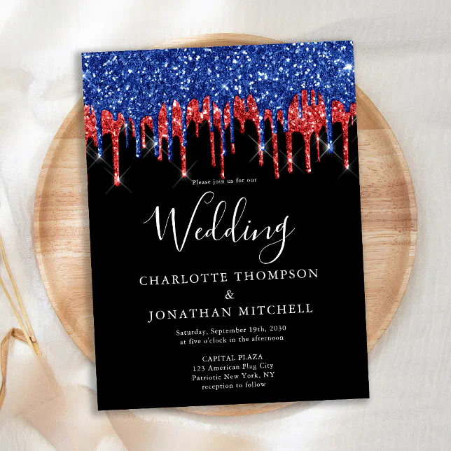 Elegant Black Red Blue Glitter Drip Wedding Invite | Zazzle
