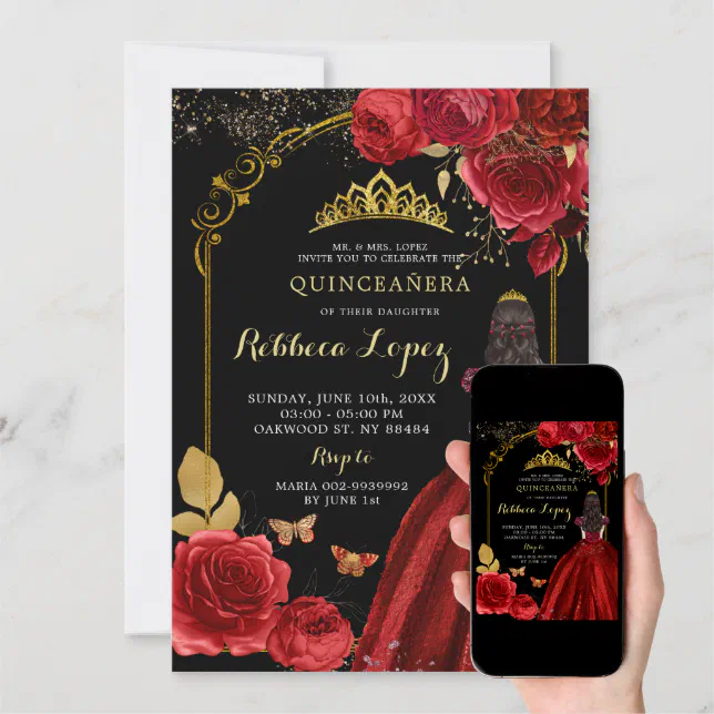 Elegant Black Red Roses Princess XV Años Invitation | Zazzle