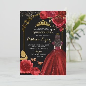 Elegant Black Red Roses Princess XV Años Invitation | Zazzle
