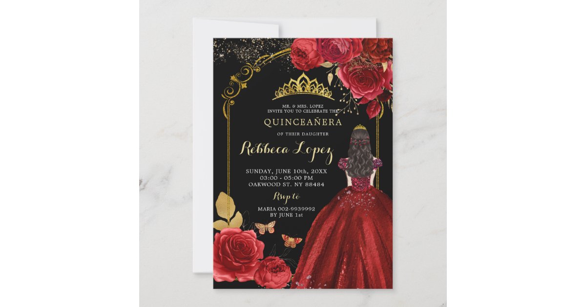 Elegant Black Red Roses Princess XV Años Invitation | Zazzle