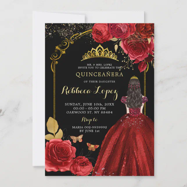 Elegant Black Red Roses Princess XV Años Invitation | Zazzle