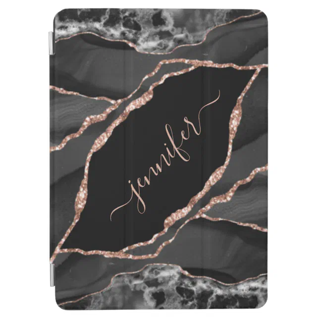 Elegant Black Rose Gold Foil Personalized Agate iPad Air Cover | Zazzle