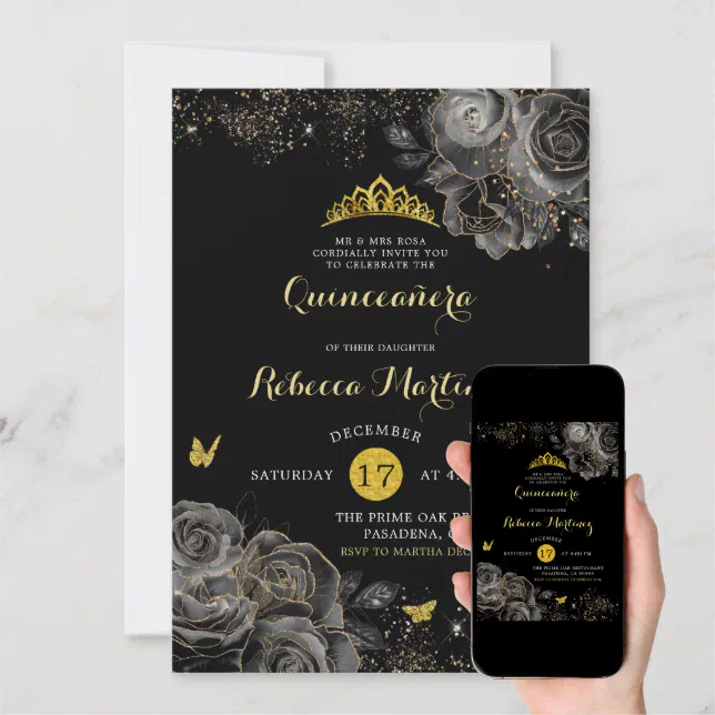 Elegant Black rose & Gold Royal Crown Mis Quince Invitation | Zazzle