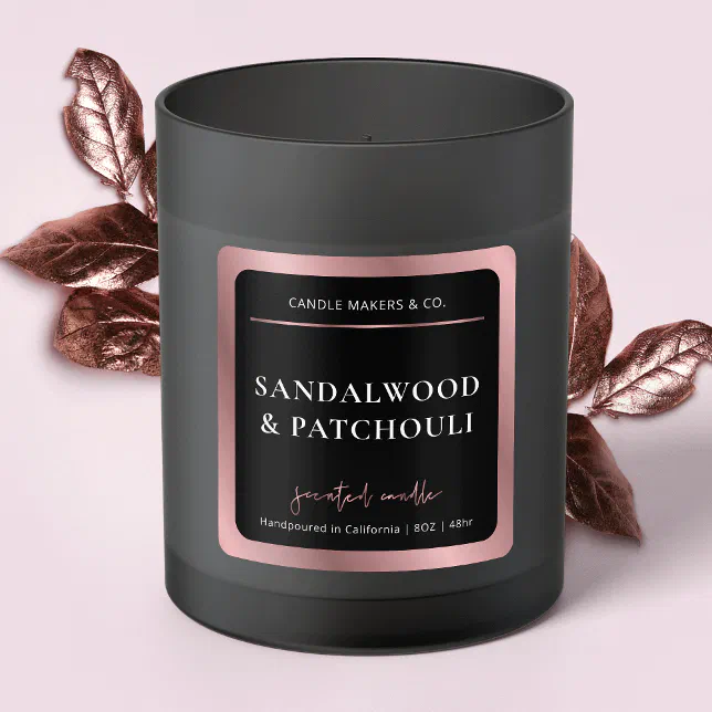 Elegant Black & Rose Gold Script Modern Candle Square Sticker | Zazzle