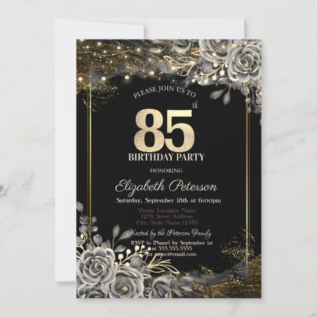 Elegant Black Roses,Lights Black 85th Birthday Invitation | Zazzle