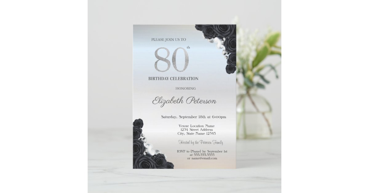 Elegant Black Roses Silver 80th Birthday Invitation | Zazzle