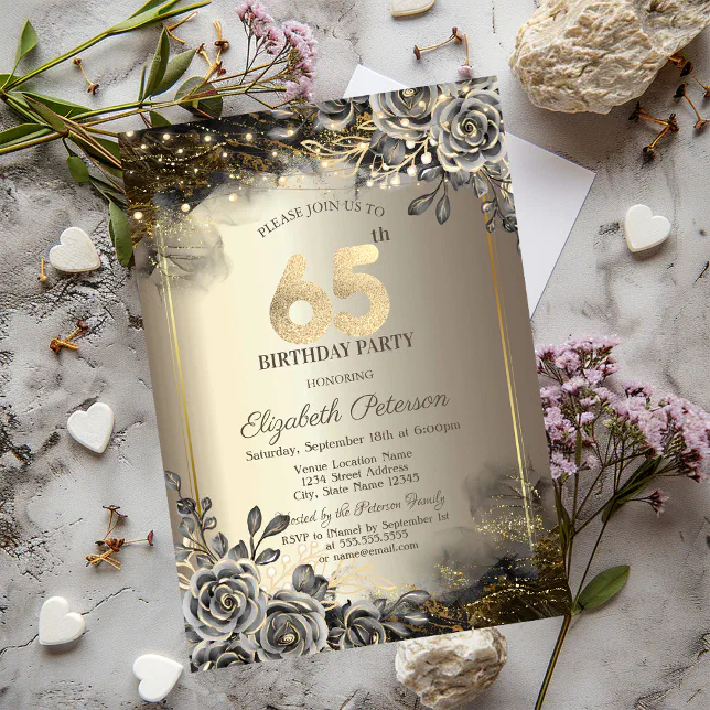 Elegant Black Roses,String Lights 65th Birthday Invitation | Zazzle