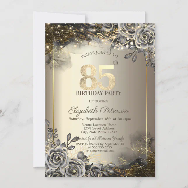 Elegant Black Roses,String Lights 85th Birthday Invitation | Zazzle