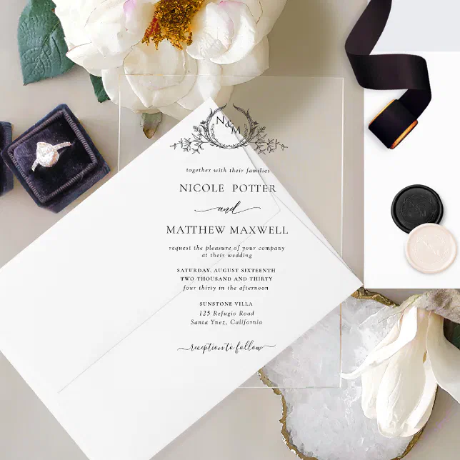 Elegant Black Royal Crown Wreath Monogram Acrylic Invitations | Zazzle