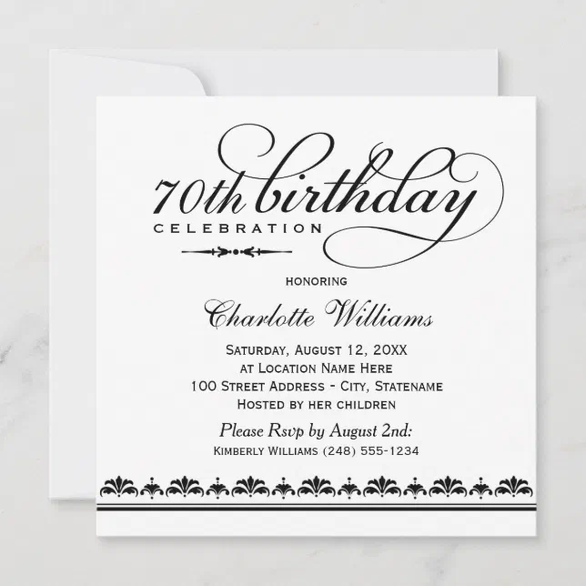 Elegant Black Script 70th Birthday Celebration Invitation | Zazzle