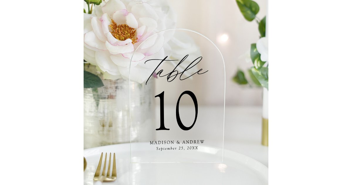 Elegant Black Script Acrylic Arch Table Number | Zazzle