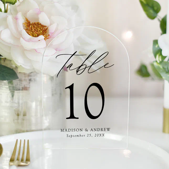 Elegant Black Script Acrylic Arch Table Number | Zazzle