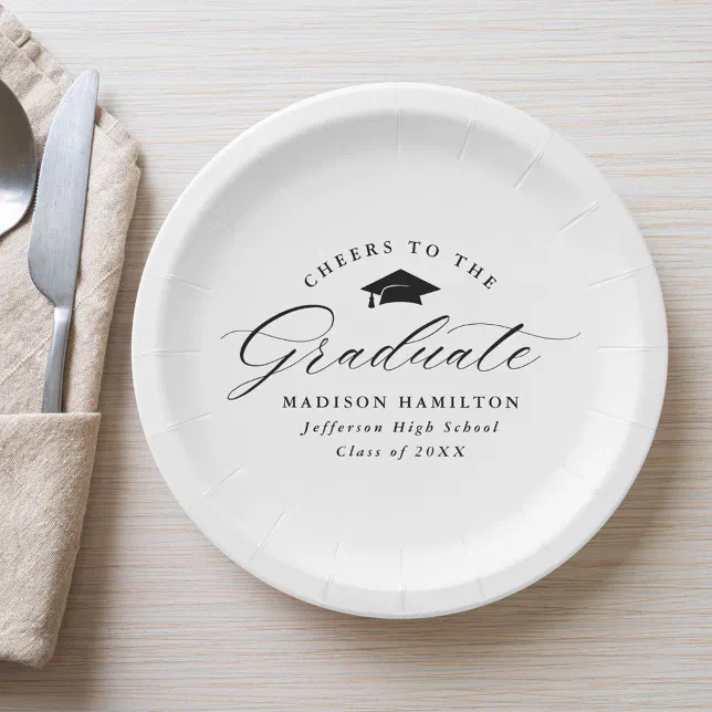Elegant Black Script Cheers to the Graduate Paper Plates | Zazzle