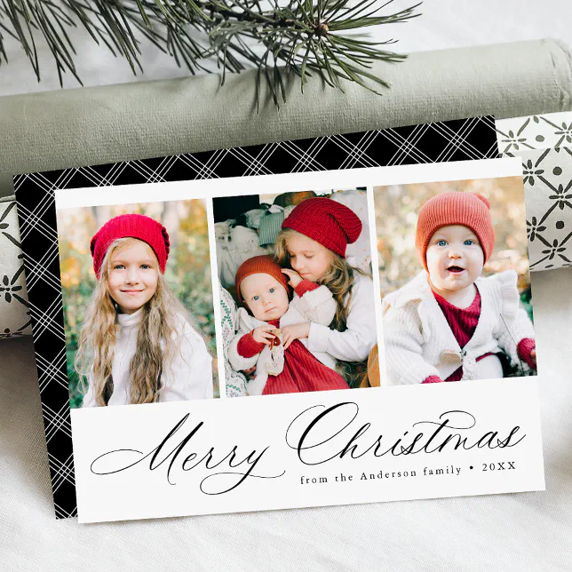 Elegant Black Script Merry Christmas 3 Photo Holiday Card | Zazzle