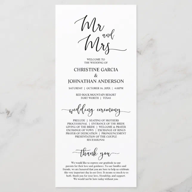 Elegant Black Script, Mr and Mrs, Wedding Ceremony Program | Zazzle