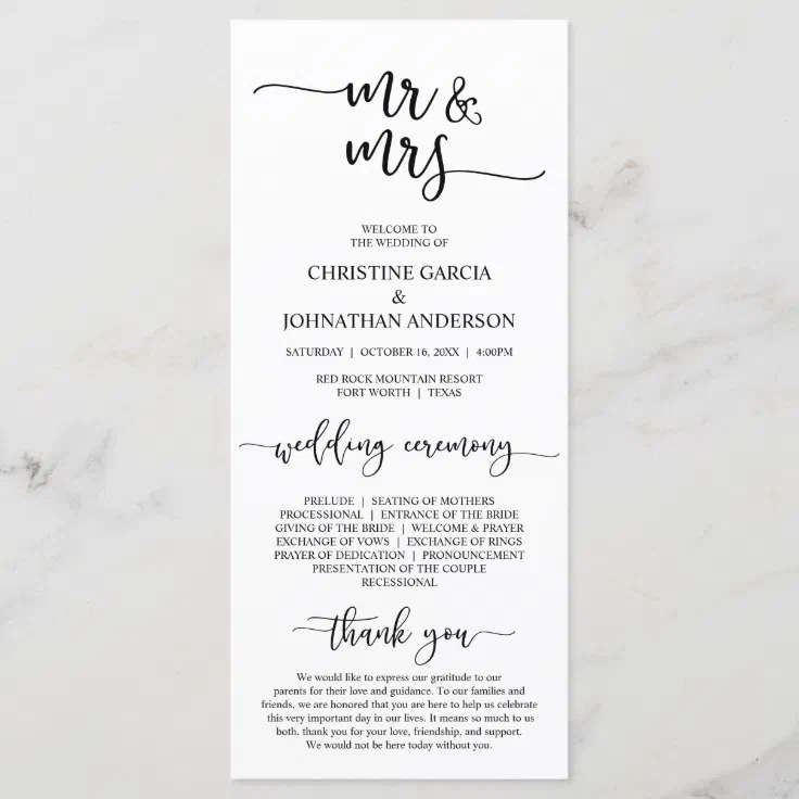 Elegant Black Script, Mr and Mrs, Wedding Ceremony Program | Zazzle