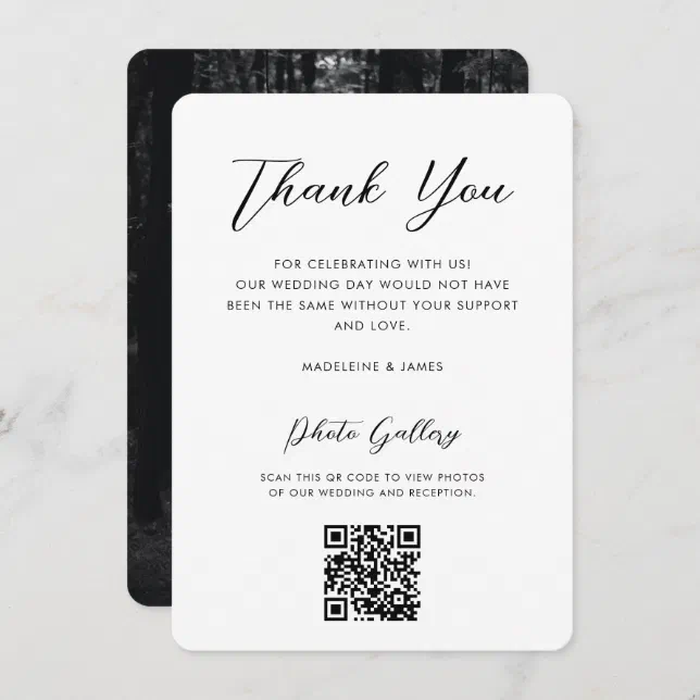 Elegant Black Script QR Code Photo Gallery Wedding Thank You Card | Zazzle