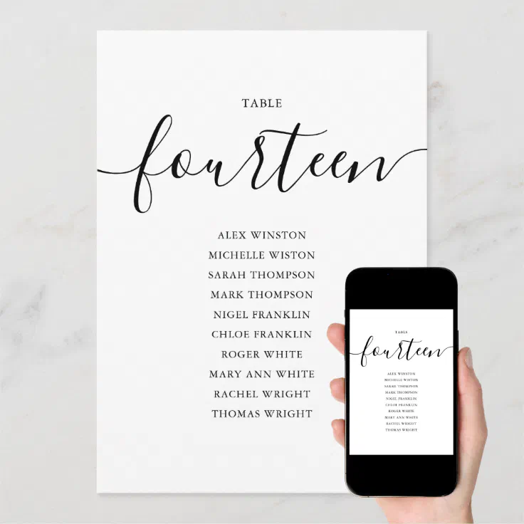 Elegant Black Script Table Number 14 Seating Chart | Zazzle