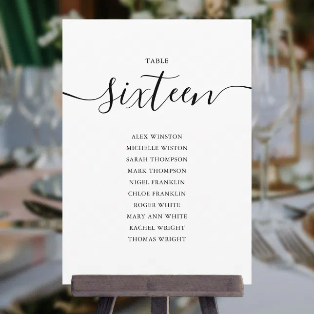 Elegant Black Script Table Number 16 Seating Chart | Zazzle