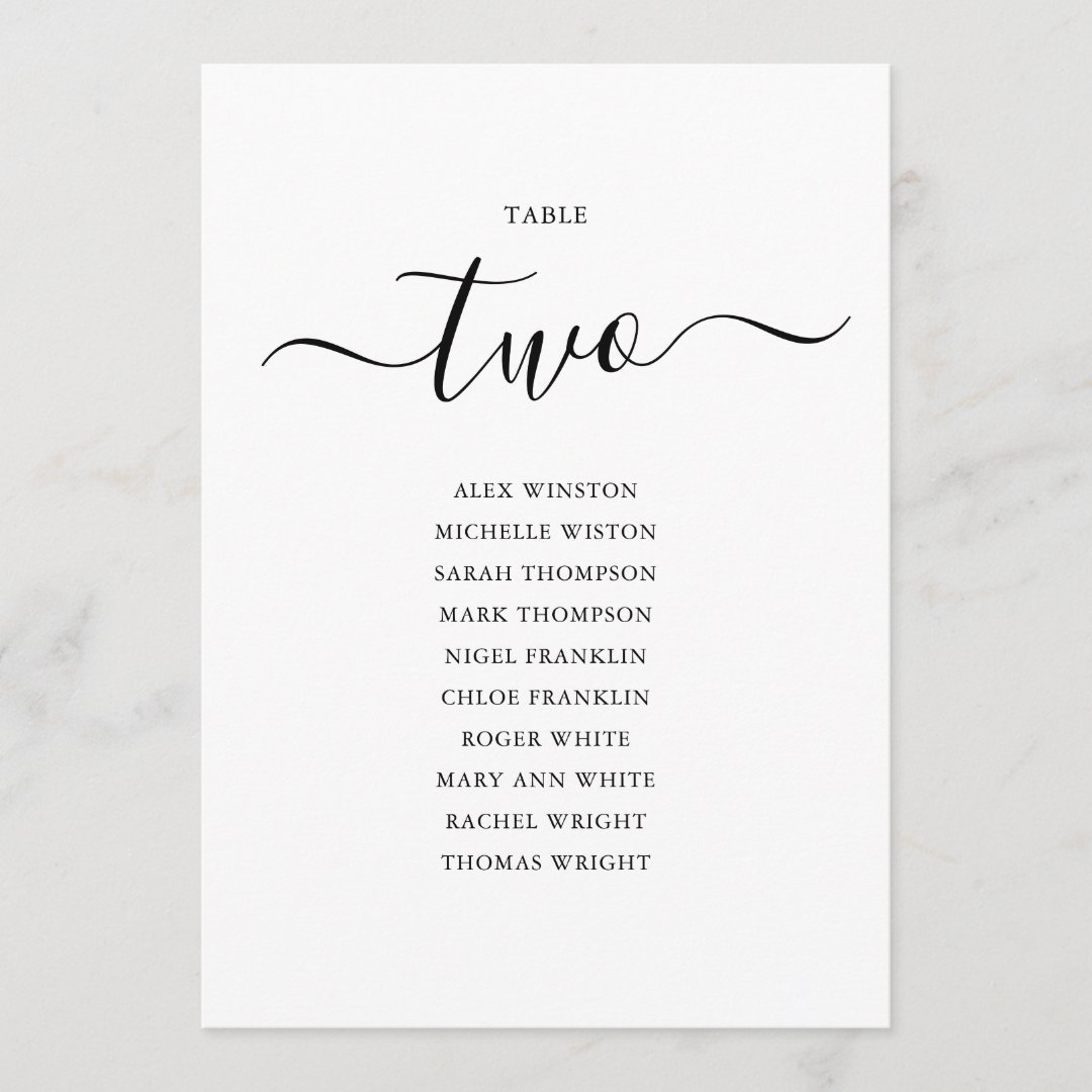 Elegant Black Script Table Number 2 Seating Chart | Zazzle
