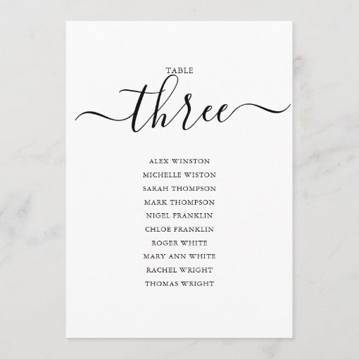 Elegant Black Script Table Number 3 Seating Chart | Zazzle