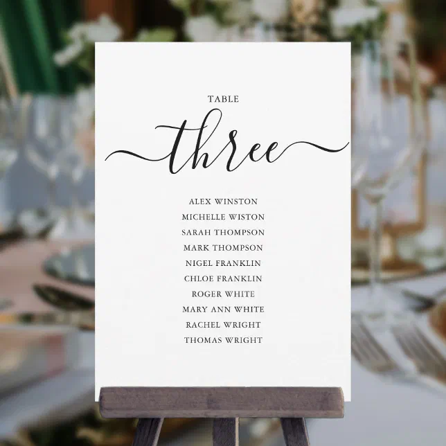 Elegant Black Script Table Number 3 Seating Chart | Zazzle