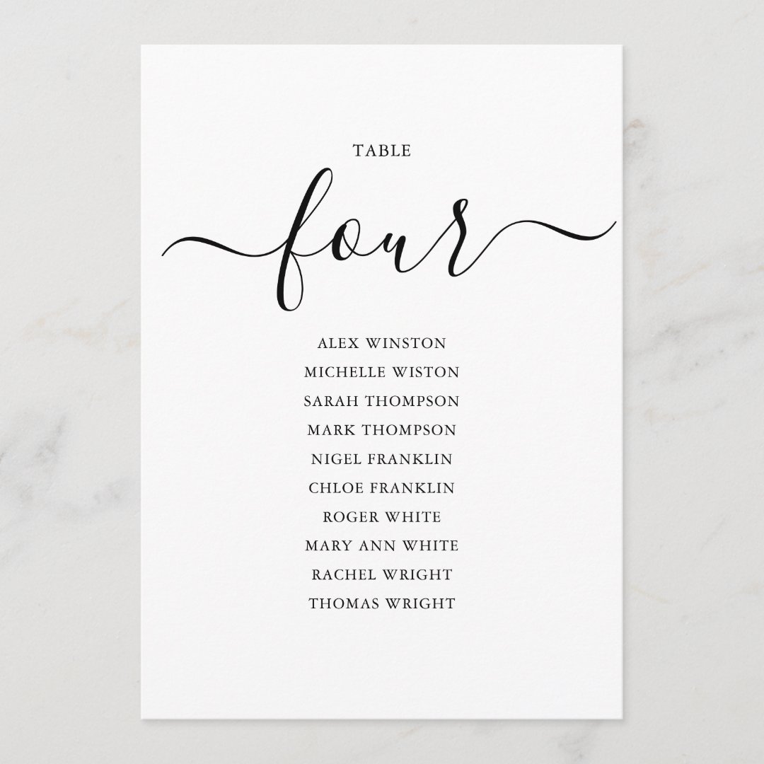 Elegant Black Script Table Number 4 Seating Chart | Zazzle
