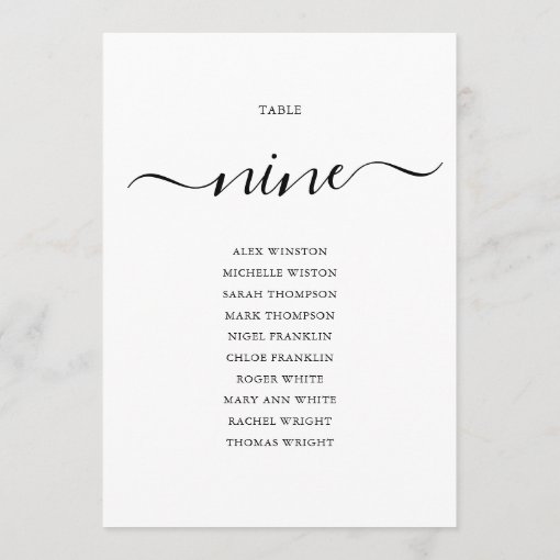 Elegant Black Script Table Number 9 Seating Chart | Zazzle