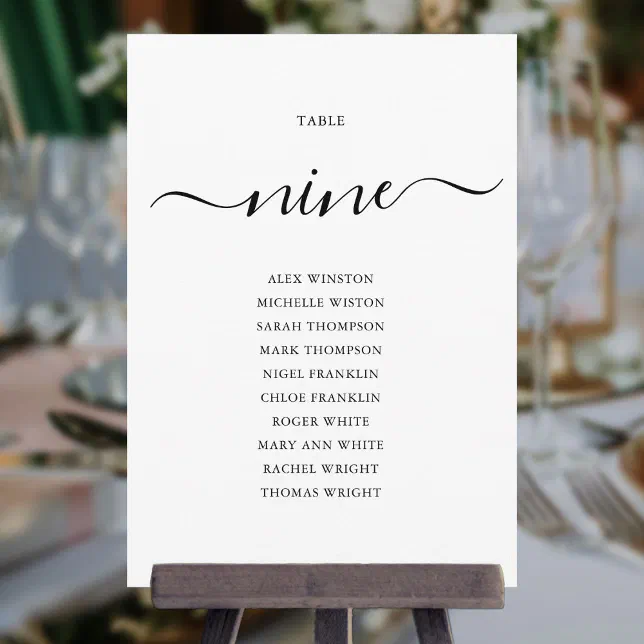 Elegant Black Script Table Number 9 Seating Chart | Zazzle