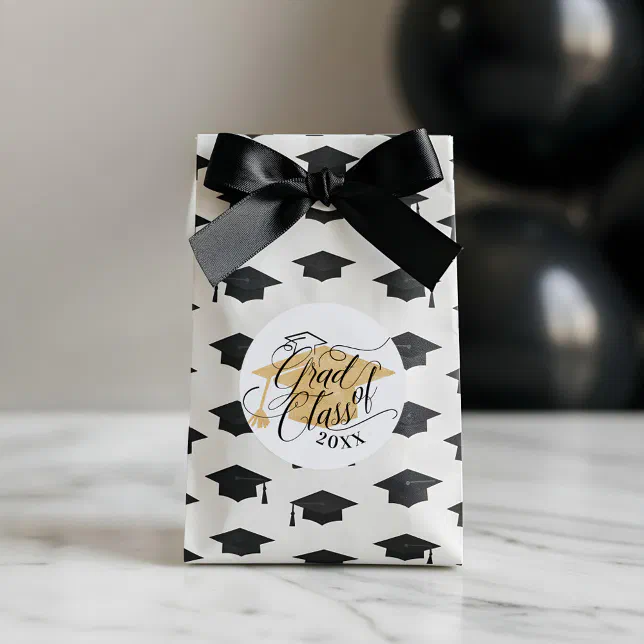 Elegant Black Script Typographic Gold Grad Cap Classic Round Sticker ...