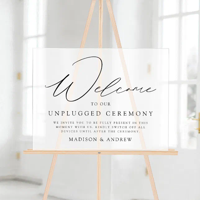 Elegant Black Script Unplugged Ceremony Wedding Acrylic Sign | Zazzle